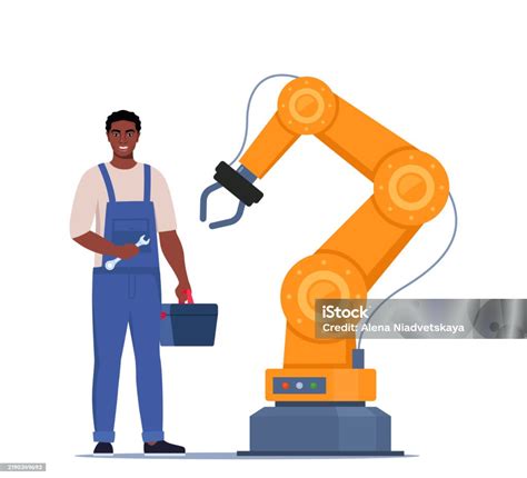 로봇 팔 산업용 도구 기계 로봇 팔 기계 유압 장비 자동화 된 기계 손을 수리하는 흑인 남자 제복을 입고 손에 도구 상자와 렌치를 든 정비공 벡터 일러스트 레이 션 공구