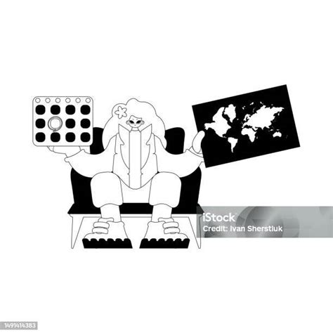 활력이 넘치는 여성은 세계 차트와 달력을 들고 있습니다 관광 과목 희미하고 하얀 선의 장인 정신 트렌디한 스타일 벡터 일러스트레이션 12월에 대한 스톡 벡터 아트 및 기타