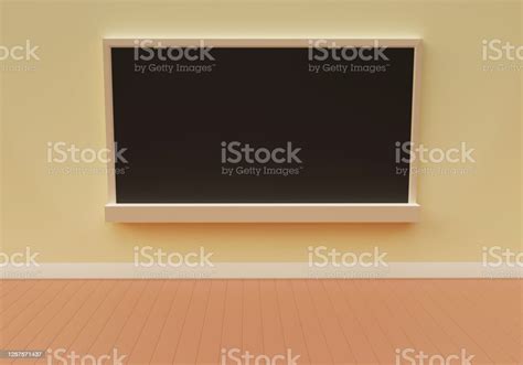 빈 검은 색 칠판은 노란색 벽에 걸려 빈 학교 방 학교로 돌아 복사 공간에 대한 이미지 텍스트를 추가빌 보드 나무 프레임 3d