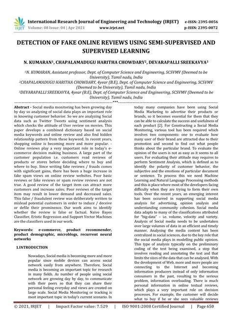 Pdf Detection Of Fake Online Reviews Using Semi Supervised And
