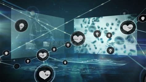 Animation Of Network Of Connections With Icons And Data Processing Over Black Background Stock