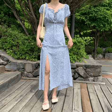 몬테 플라워 패턴 스퀘어넥 오프숄더 퍼프 프릴 리본 셔링 트임 롱 원피스