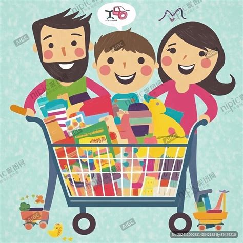 Ai创作图卡通购物场景素材 儿童节购物 家庭购物 买东西素材 购物卡通图 推车坐车人物 购物素材下载 快乐购物享受生活 美好生活快乐购物 全家一起逛 大人逛街 卡通家人素材 儿童买零售 消费
