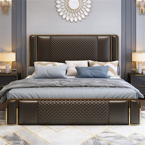 Modern Queen Faux Leather Platform Bed With Brown Headboard Homary Uk