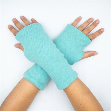 Aqua And Charcoal Luxury Reversible Cashmere Fingerless Gloves Nearly