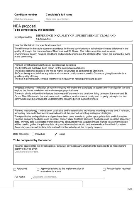 Candidate Record Form For A Level Geography NEA Independent Fieldwork Investigation C