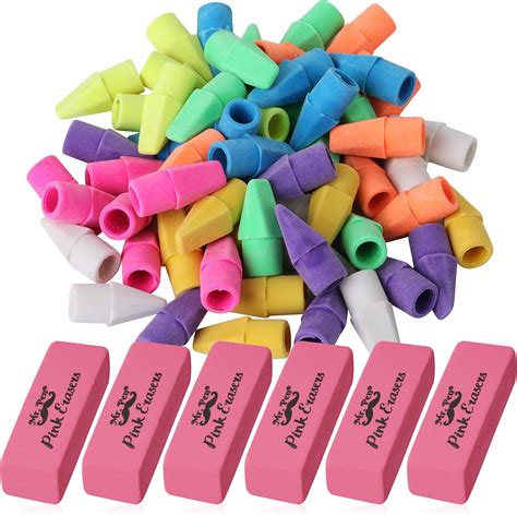 Mr Pen Pencil Erasers Set 6pc Pink Erasers And 60pc Pencil Top