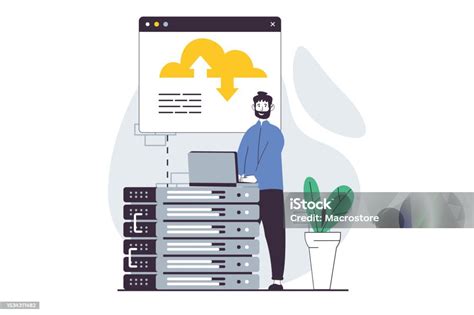 웹을 위한 플랫 디자인에서 사람 장면이 있는 Saas 개념입니다 클라우드 스토리지로 작업하고 동기화 파일에 데이터베이스