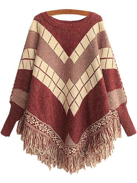 Stylish Red Geometric Print Tassel Cape