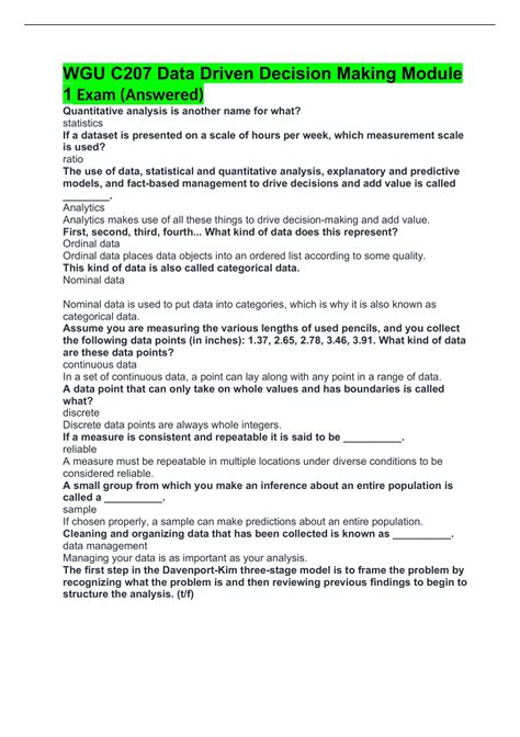 WGU C Data Driven Decision Making Module Exam Answered WGU C Stuvia US