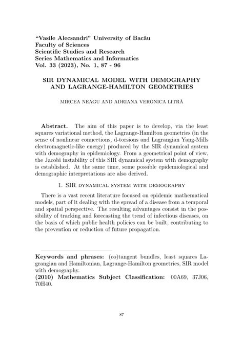 Pdf Sir Dynamical Model With Demography And Lagrange Hamilton Geometries