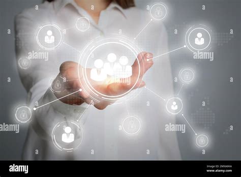 Woman Demonstrating Virtual Structure Of Organization Focus On Hand Business Corporation Stock