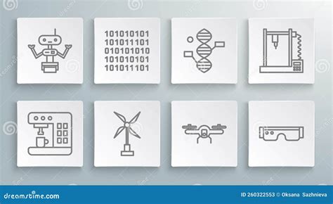 Set Line Coffee Machine Binary Code Wind Turbine Drone Flying Smart Glasses Dna Symbol 3d