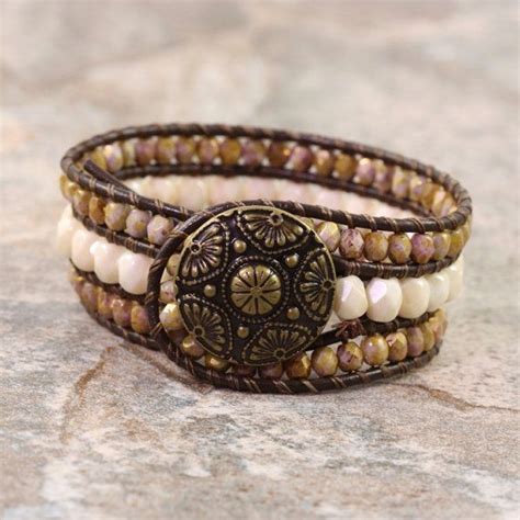 Brown Leather Cuff Bracelet Bohemian Fashion Western Style Wrap Cream