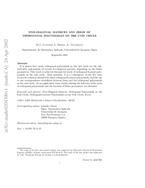 Pdf Five Diagonal Matrices And Zeros Of Orthogonal Polynomials On The