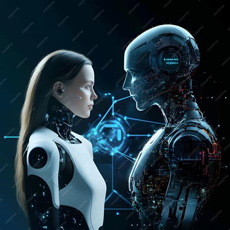 a woman and a robot are standing in front of a robot premium ai