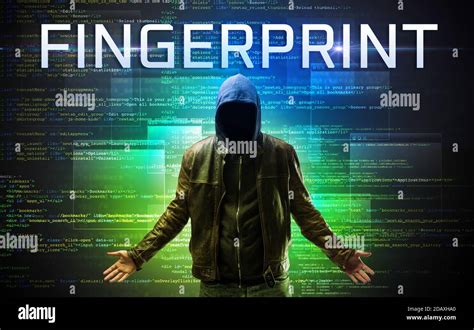 faceless hacker with fingerprint inscription on a binary code