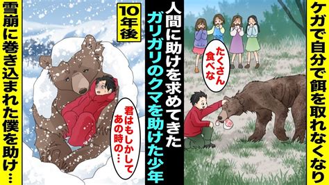 【漫画】ケガをして自分で餌を取れなくなり人間に助けを求めてきたガリガリのクマに僕は満腹食べさせてあげた10年後、雪崩に巻き込まれて生き埋めに