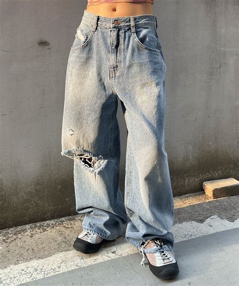 데미지 찢청 와이드 데님 팬츠 Y2k 하이웨스트 청바지