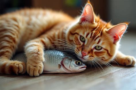 A Ginger Tabby Cat And Its Plastic Fish Toy Ai Generated Stock