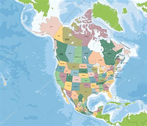 Mapa de América del Norte con EE UU Canadá y México Stock Vector by