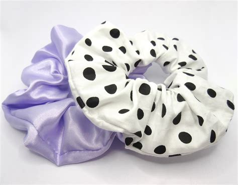 Lilac Satin And Black And White Dalmation Spot Hair Scrunchie