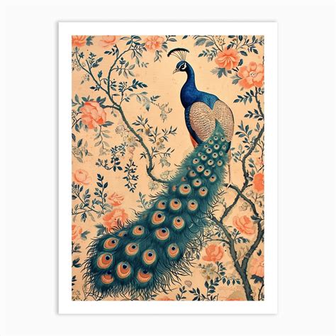 Sepia And Blush Pink Blue Peacock Art Print By Featherline Fy