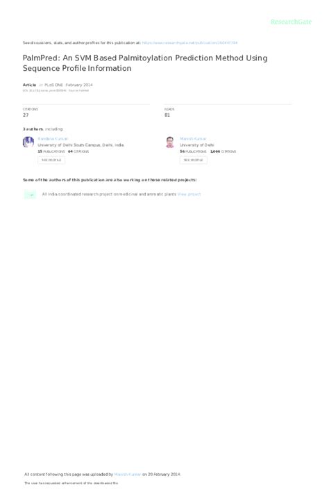 Pdf Palmpred An Svm Based Palmitoylation Prediction Method Using Sequence Profile Information