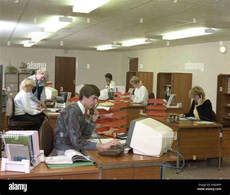 1990 Historical Open Plan Office Male And Female Employees Working At