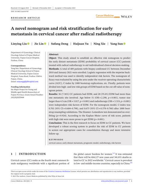 PDF A Novel Nomogram And Risk Stratification For Early Metastasis In