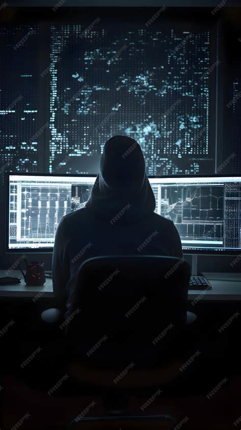 free ai image hacker in hoodie sitting in front of computer monitor