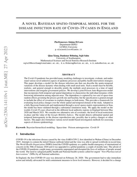 Pdf A Novel Bayesian Spatio Temporal Model For The Disease Infection
