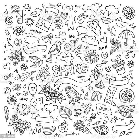 Artist Drawing Of Random Items That Depict Spring Stok Vektör Sanatı