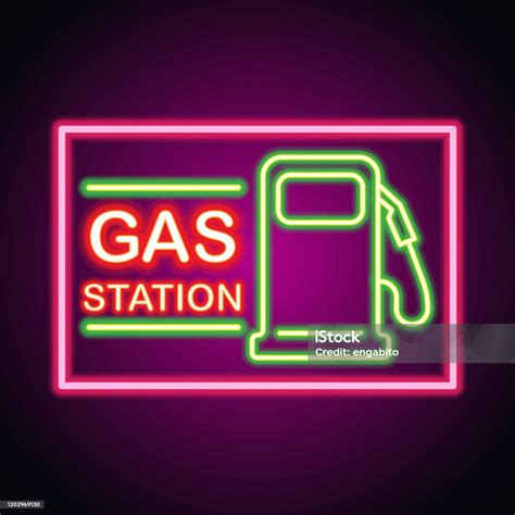 Pom Bensin Neon Tanda Untuk Papan Pom Bensin Ilustrasi Vektor Ilustrasi
