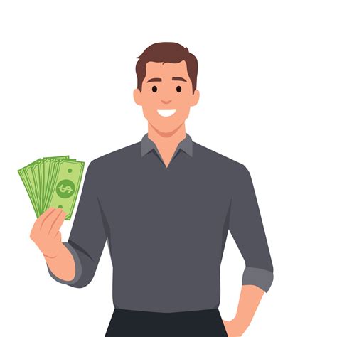 Smiling Business Man In Suit Standing Holding Fan Of Dollar Cash