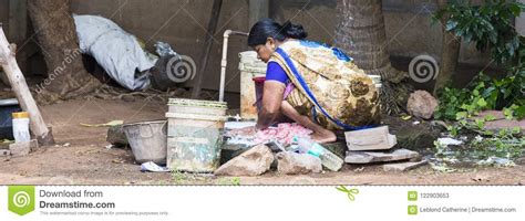 Indian Poor Woman Wash Clothes In Street Rural Village Editorial Stock