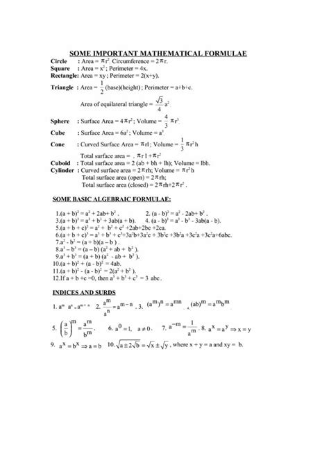 Some Important Mathematical Formulae Notes Learnpick India