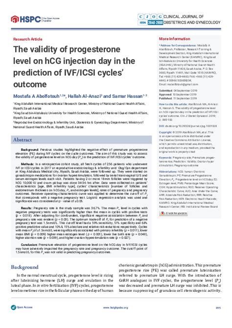 Pdf The Validity Of Progesterone Level On Hcg Injection Day In The Prediction Of Ivficsi