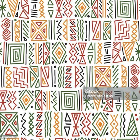 아프리카 민족 부족 충돌 장식 완벽 한 패턴 배경입니다 간단한 선 삼각형 손으로 그린 기호 모티프 벡터 벽지 질감 인쇄 디자인 Kwanzaa에 대한 스톡 벡터 아트 및 기타