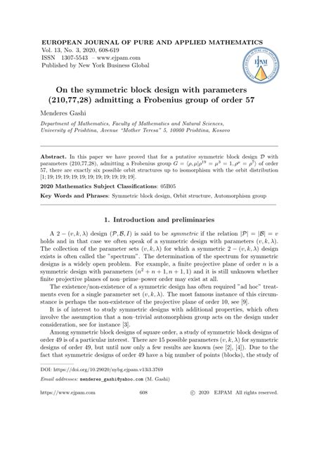 PDF On The Symmetric Block Design With Parameters Admitting A Frobenius Group Of