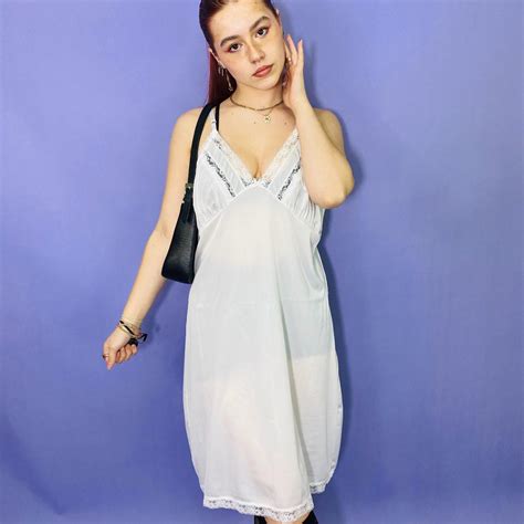 Vintage 90s White Satin Lace Trim Midi Dress Size Depop