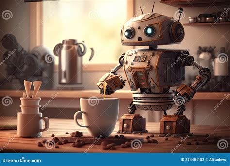 Cute Robot Assistant Preparing Morning Coffee For Busy Office Worker