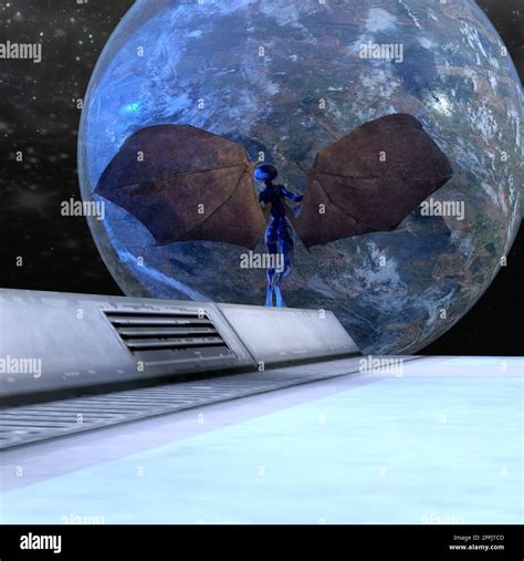 3d Illustration Of A Blue Skin Female Alien With Large Leathery Wings