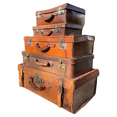 Stacked Set Of Five Antique Leather Suitcases Or Trunks For Sale At Stdibs