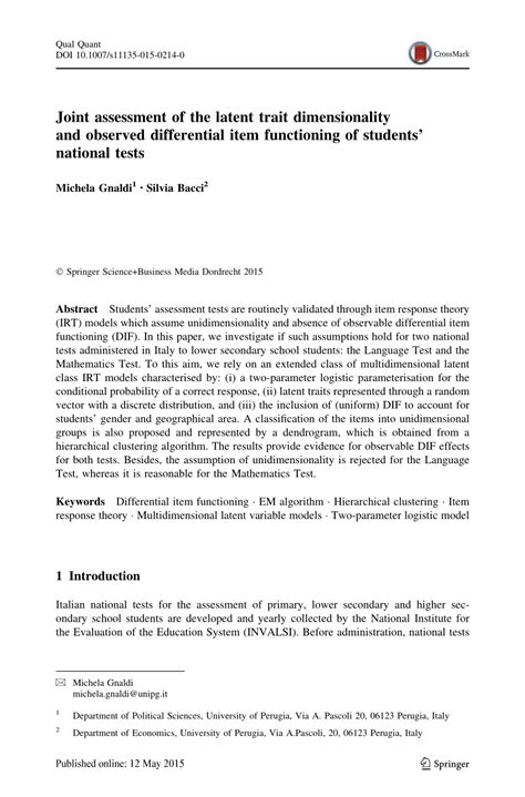 Pdf Joint Assessment Of The Latent Trait Dimensionality And Observed Differential Item