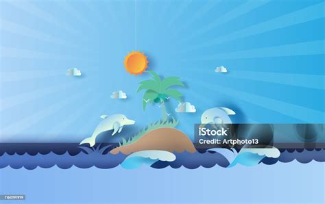 바다 하늘에 점프 돌고래 생활과 섬 바다 풍경보기 아름다운 블루 파스텔 색상 톤 여름 시즌 배경입니다 창조적 인 디자인 종이 컷 및 공예 Stylevector 포스터 배너