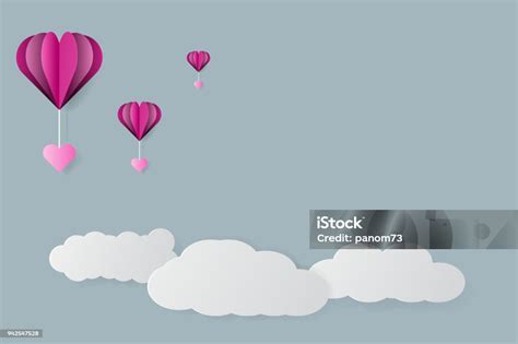 발렌타인 데이 웨딩 카드 다채로운 풍선과 Clound 종이 아트 벡터 일러스트 레이 션 디자인으로 걸려 심장 기호가 사랑 프레임 간판에 대한 스톡 벡터 아트 및 기타 이미지