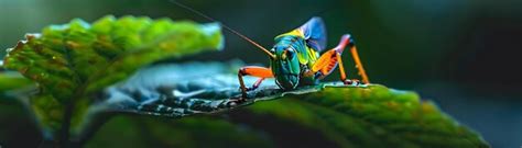 Colorful Grasshopper On Green Leaf Macro Photography Premium Ai