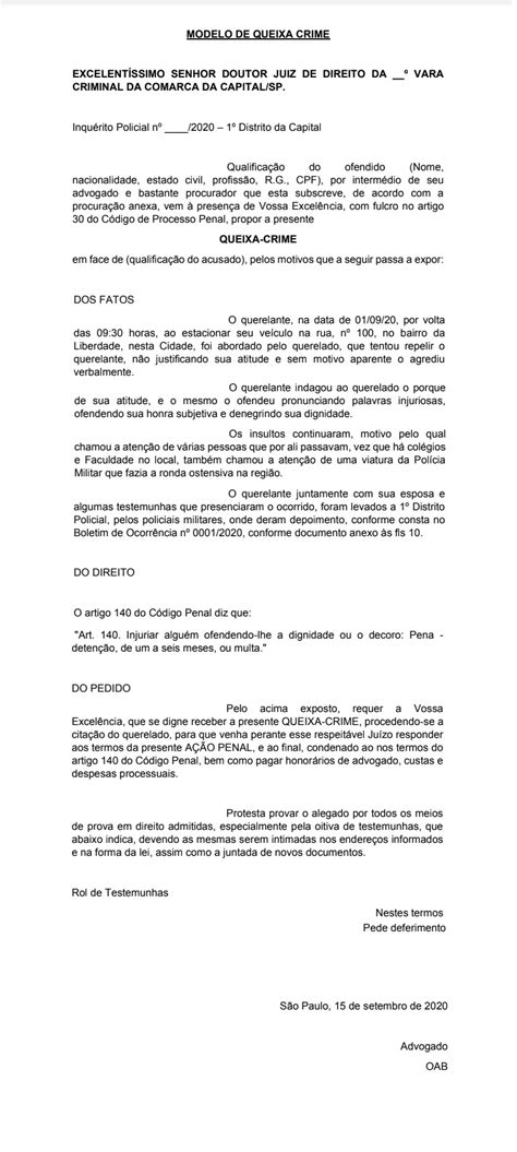 MODELO DE QUEIXA CRIME Direito Penal I