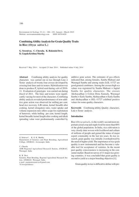 Pdf Combining Ability Analysis For Grain Quality Traits In Rice Oryza Sativa L